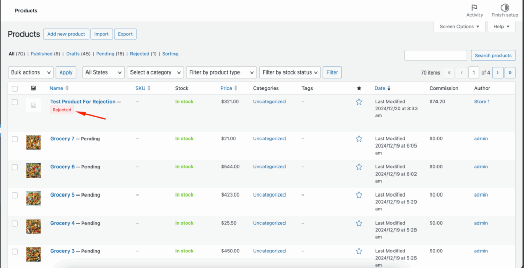 Pending Product Rejection - Dokan