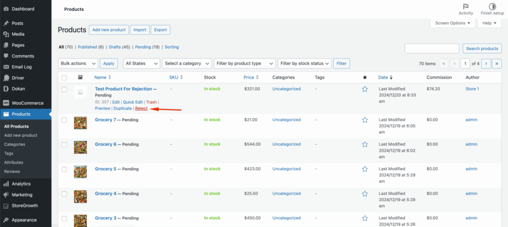 Pending Product Rejection - Dokan