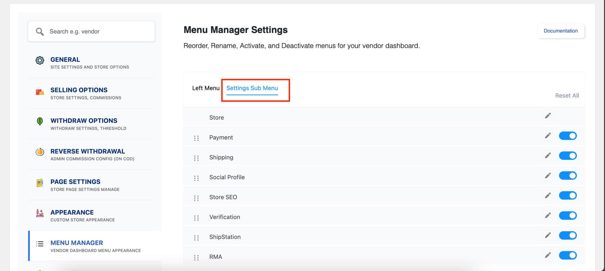 Vendor Dashboard Menu Manager - Dokan