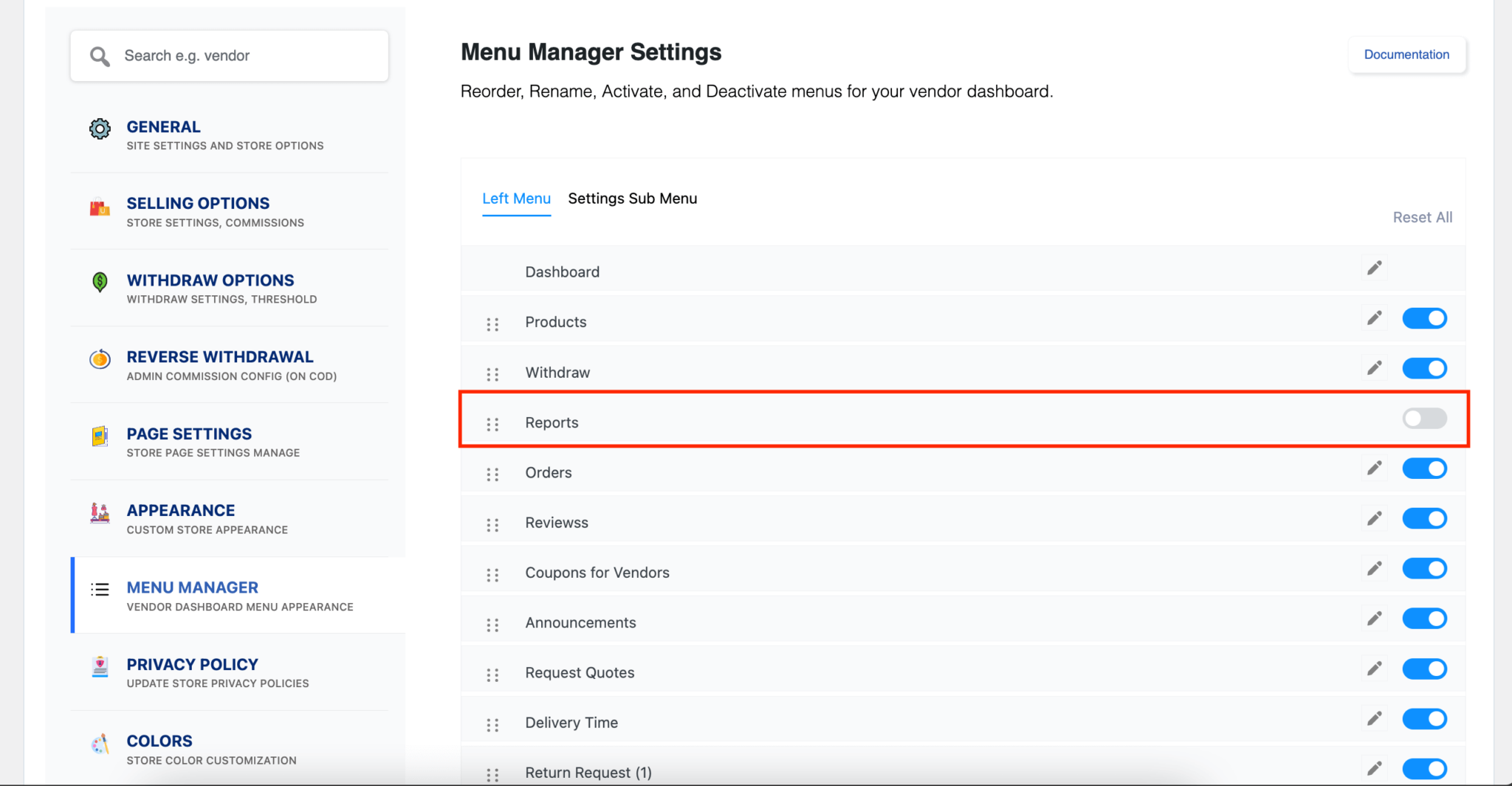 Vendor Dashboard Menu Manager - Dokan