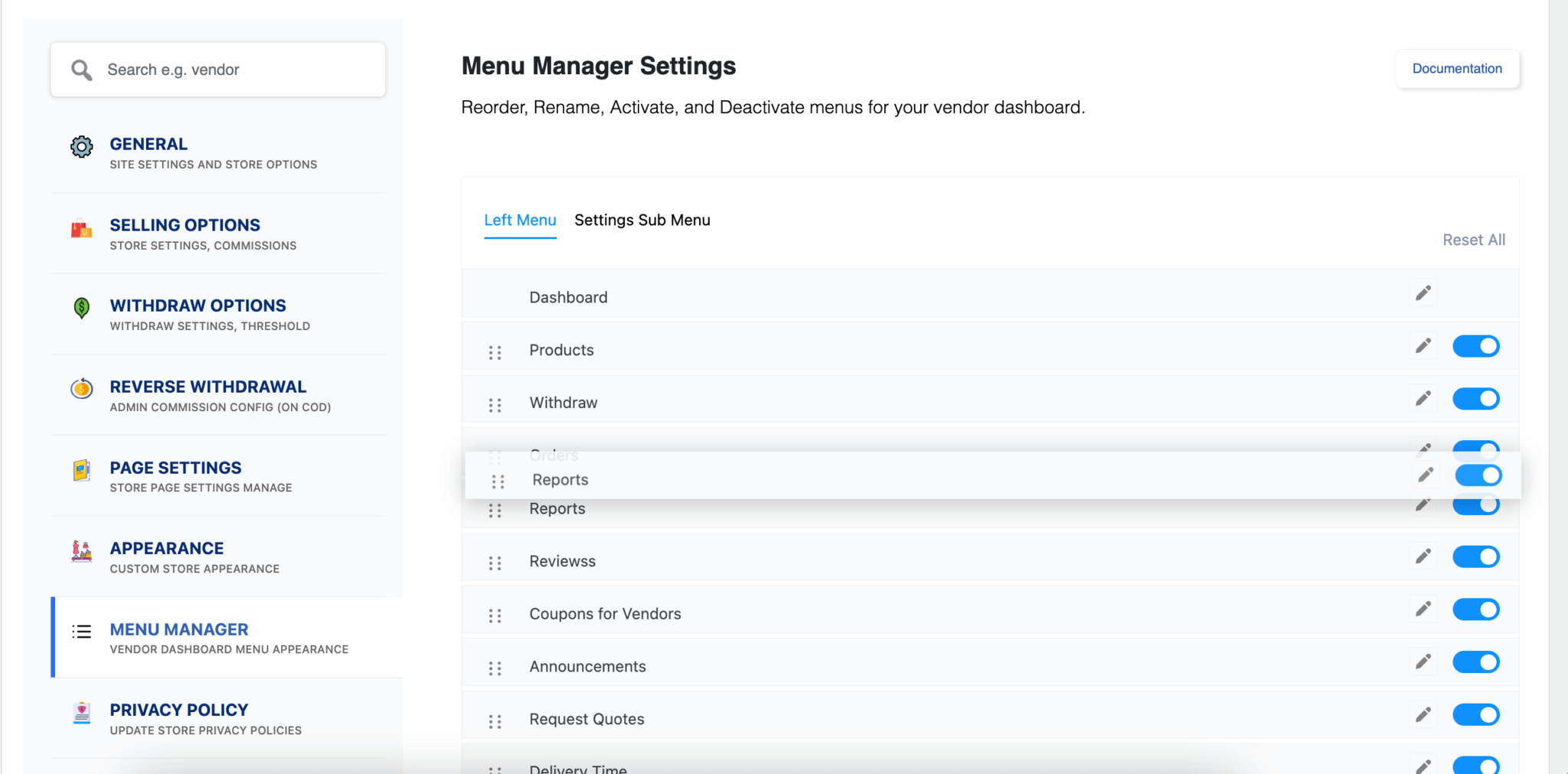 Vendor Dashboard Menu Manager - Dokan