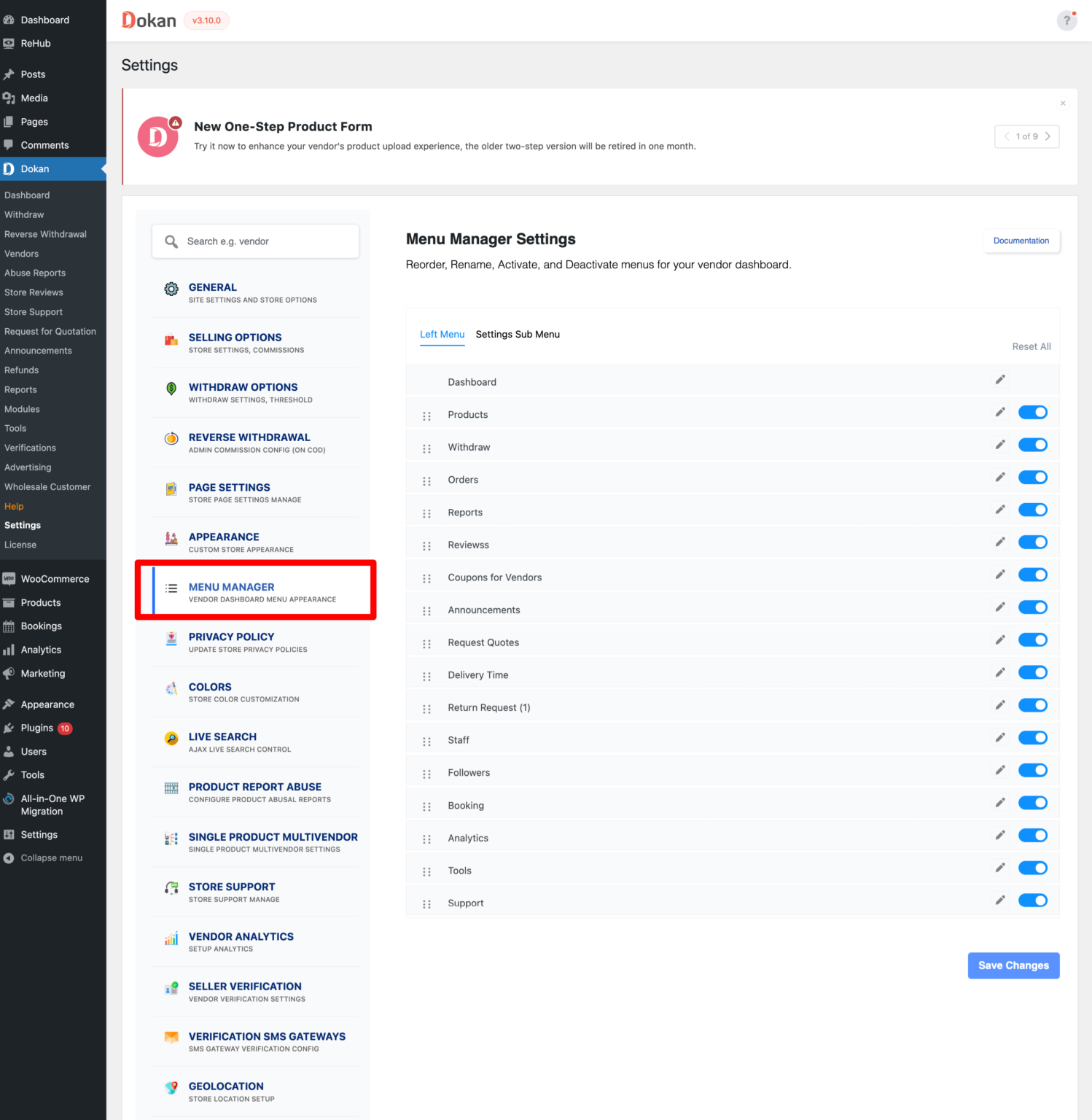 Vendor Dashboard Menu Manager - Dokan
