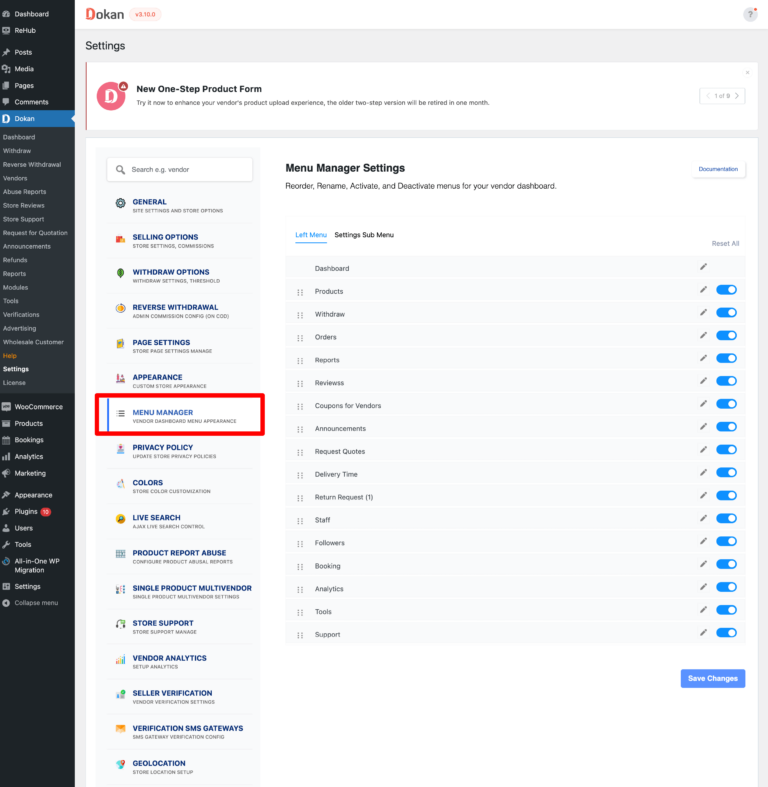 Vendor Dashboard Menu Manager - Dokan